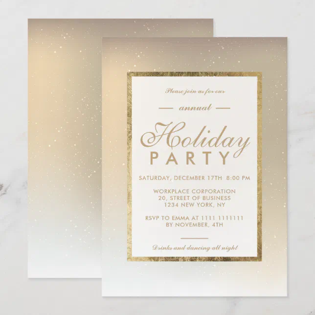 Gold ombre metal snow winter corporate holiday invitation | Zazzle