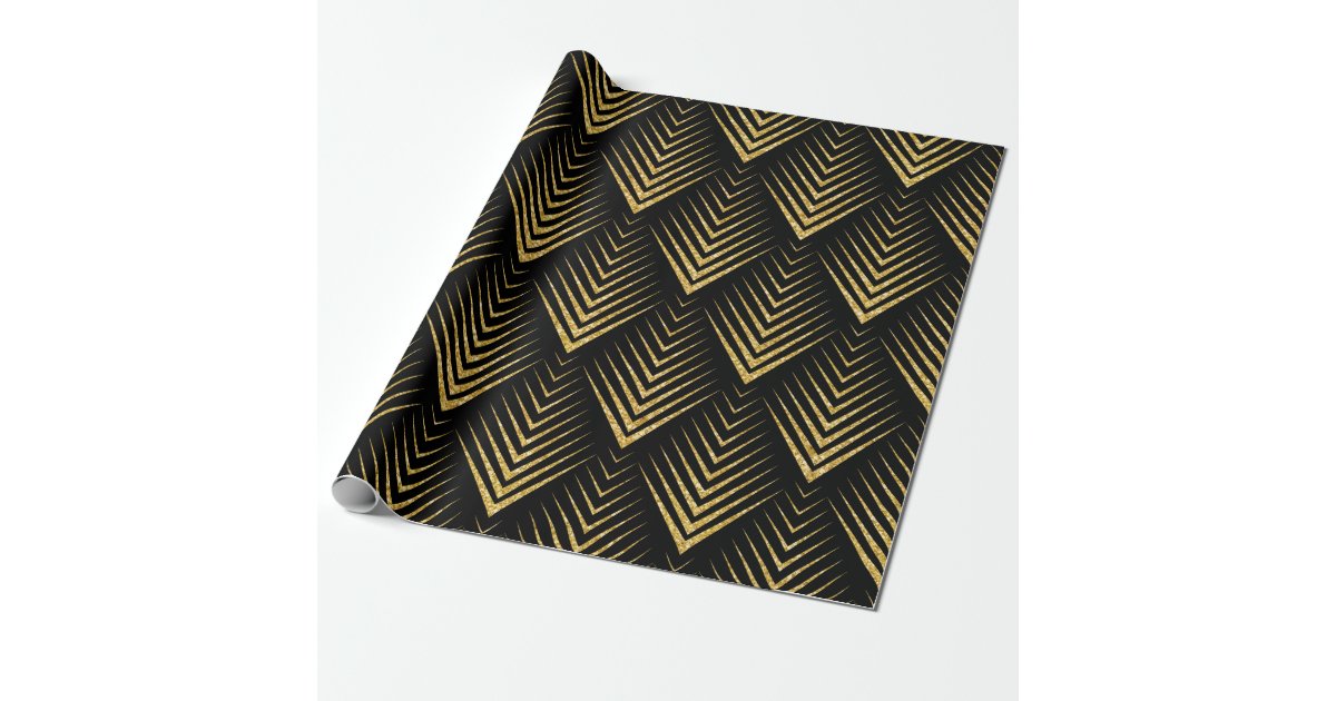 Gold On Black Geometric Art-Deco Pattern Wrapping Paper | Zazzle