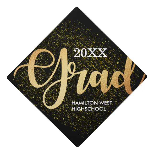 Gold on black Grad Year Golden glitter Graduation Cap Topper | Zazzle