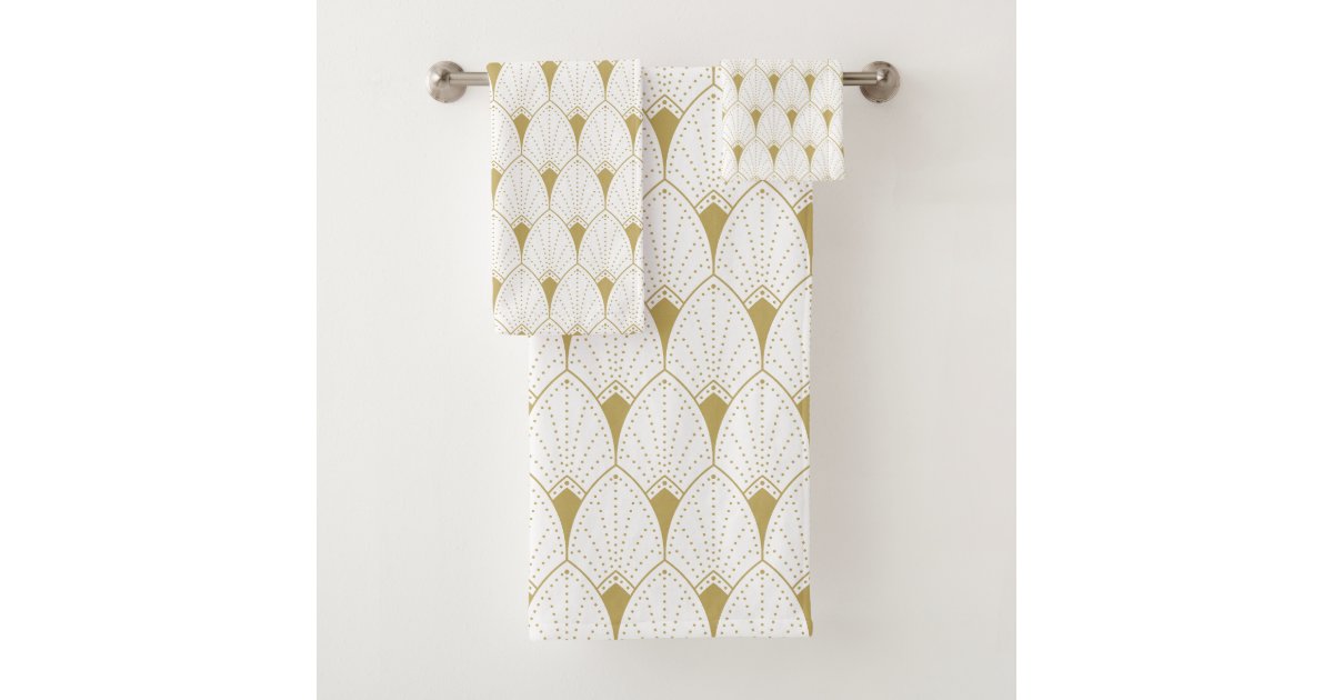 Gold on White Art Deco Geometric Pattern Bath Towel Set | Zazzle