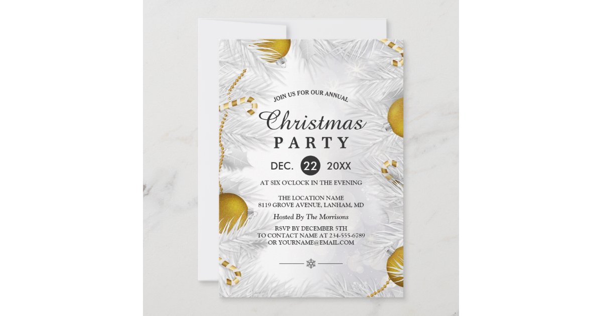 Gold Ornament Silver White Christmas Party Invitation | Zazzle