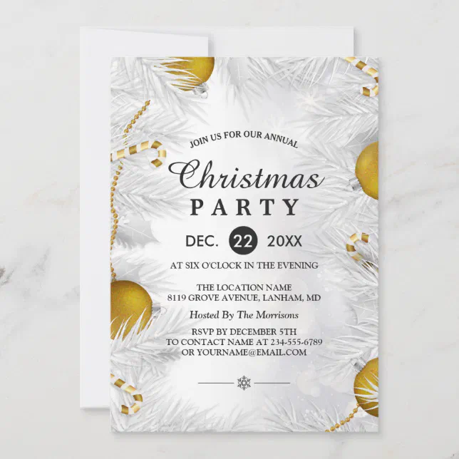 Gold Ornament Silver White Christmas Party Invitation | Zazzle