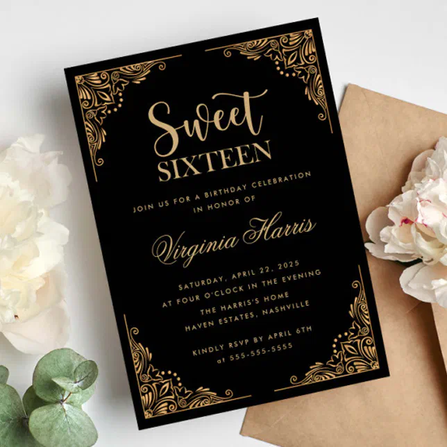 Gold Ornate Border Black Sweet Sixteen 16 Birthday Invitation | Zazzle