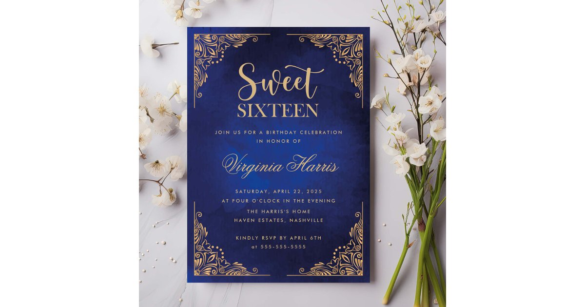 Gold Ornate Border Blue Sweet Sixteen 16 Birthday Invitation | Zazzle