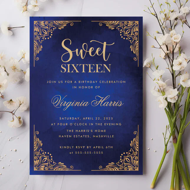 Gold Ornate Border Blue Sweet Sixteen 16 Birthday Invitation | Zazzle