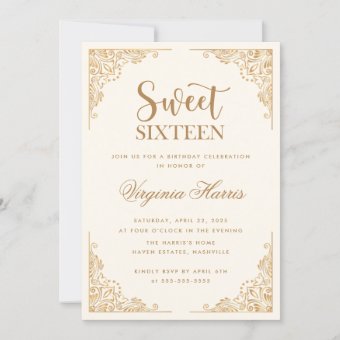 Gold Ornate Border Cream Sweet Sixteen 16 Birthday Invitation | Zazzle
