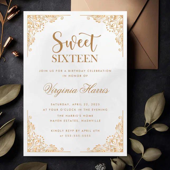 Gold Ornate Border Sweet Sixteen 16 Birthday Invitation | Zazzle
