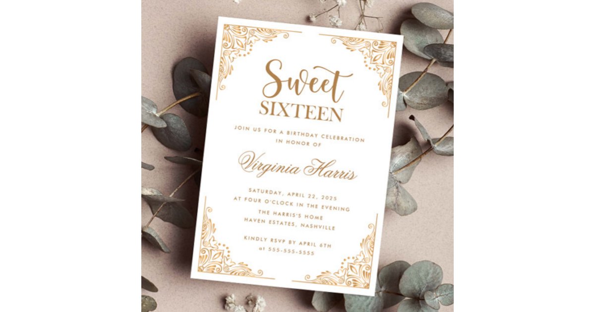 Gold Ornate Border White Sweet Sixteen 16 Birthday Invitation | Zazzle