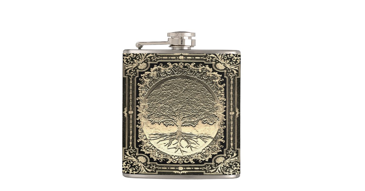 Gold Ornate Tree of Life Ancient Rustic Flask | Zazzle