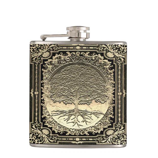 Gold Ornate Tree of Life Ancient Rustic Flask | Zazzle