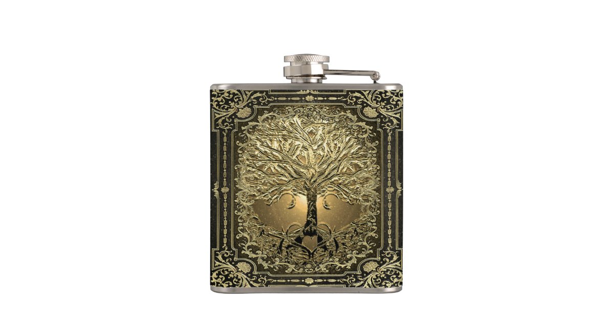 Gold Ornate Tree of Life Ancient Rustic Flask | Zazzle