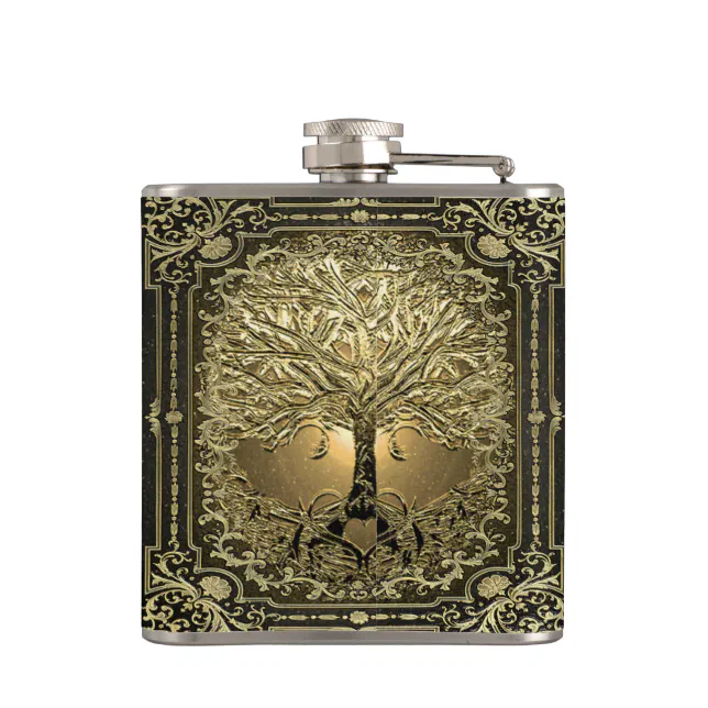 Gold Ornate Tree of Life Ancient Rustic Flask | Zazzle