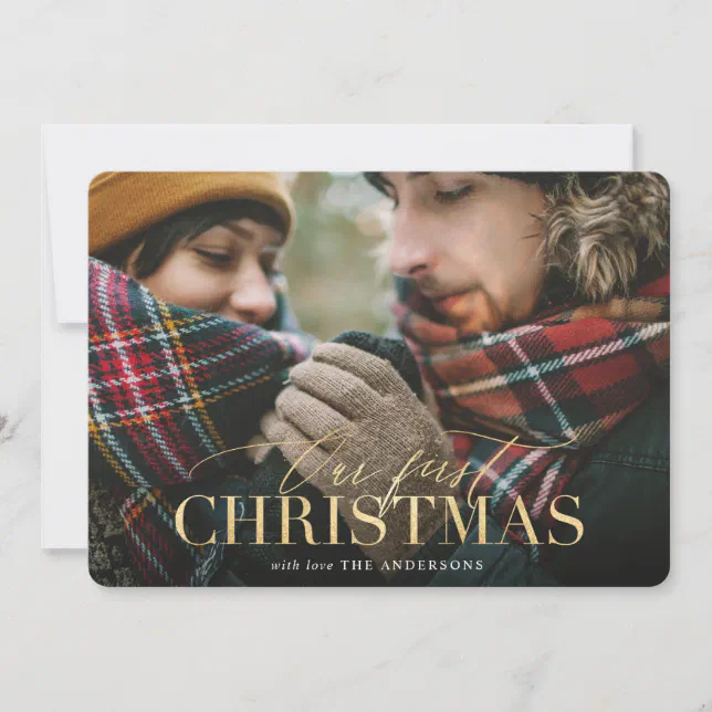 Gold our first christmas red plaid photo card | Zazzle
