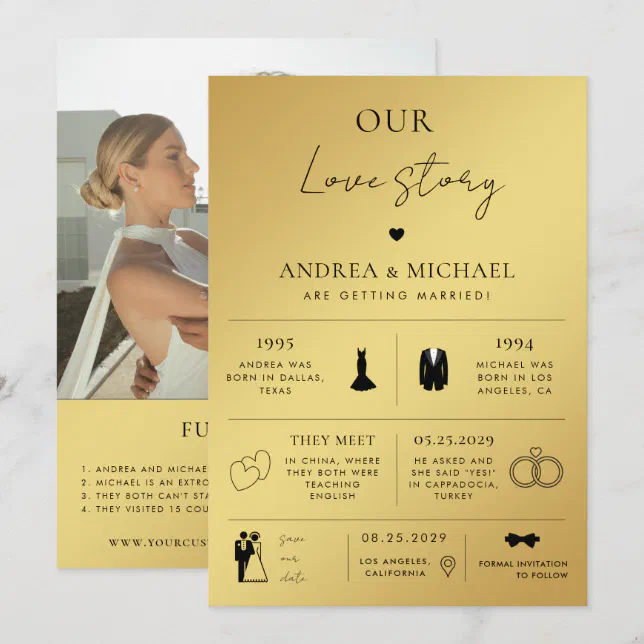 Gold Our Love Story Infographic Photo Wedding Invitation | Zazzle