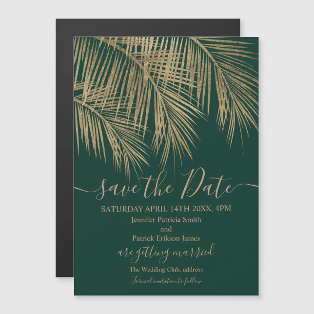 Gold palm tree leaf tropical green save the date | Zazzle