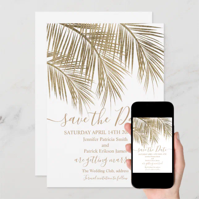 Gold palm tree leaf tropical white save the date | Zazzle