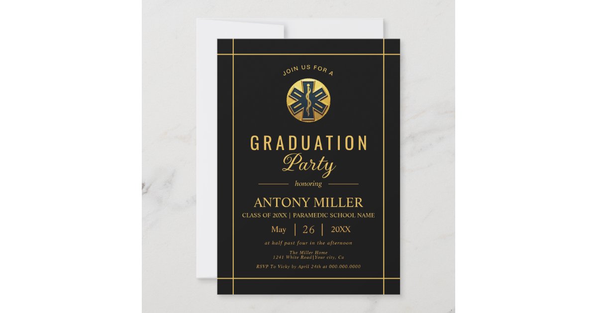 Gold paramedic EMT Class Of 2025 black graduation Invitation | Zazzle