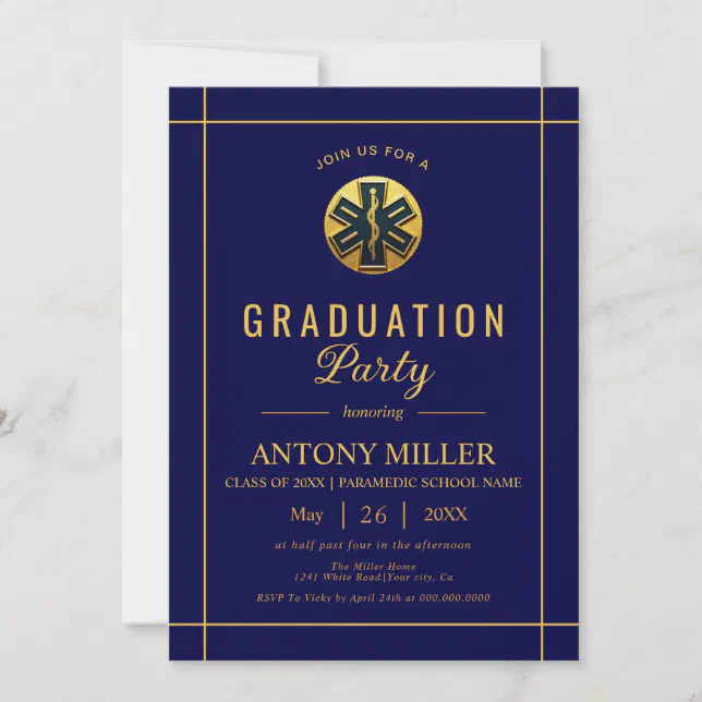 Gold paramedic EMT Class Of 2025 blue graduation Invitation | Zazzle