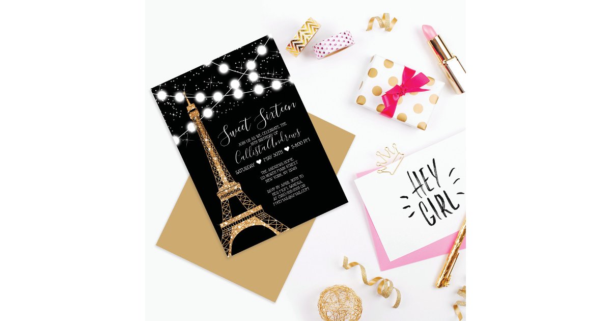 Gold Paris Eiffel Tower Glitter Lights Sweet 16 Invitation | Zazzle