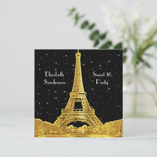 Gold Paris France Skyline #2 Bk Starry Sweet 16 SQ Invitation | Zazzle
