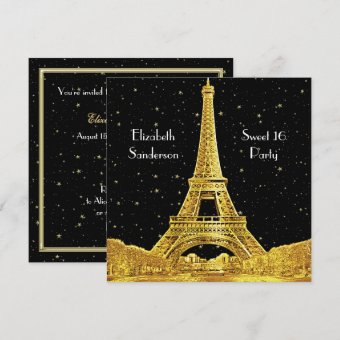 Gold Paris France Skyline #2 Bk Starry Sweet 16 SQ Invitation | Zazzle
