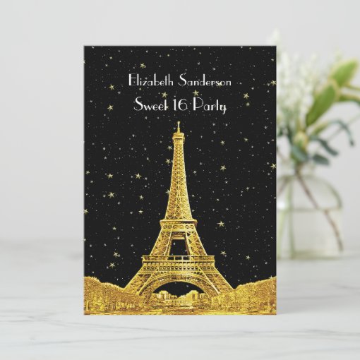 Gold Paris France Skyline #2 Bk Starry Sweet 16 V Invitation | Zazzle