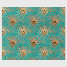 Gold Peacock Feathers on Aqua Wrapping Paper | Zazzle