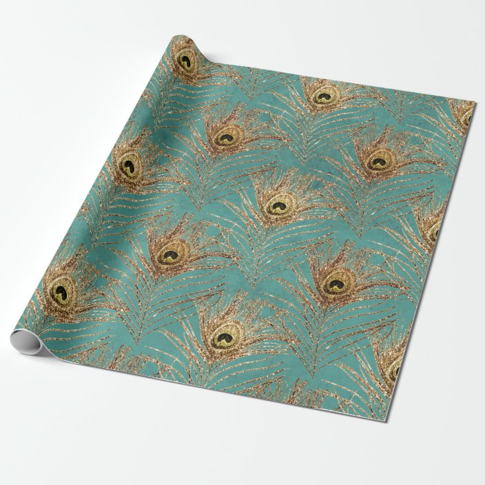 Gold Peacock Feathers on Aqua Wrapping Paper | Zazzle.com