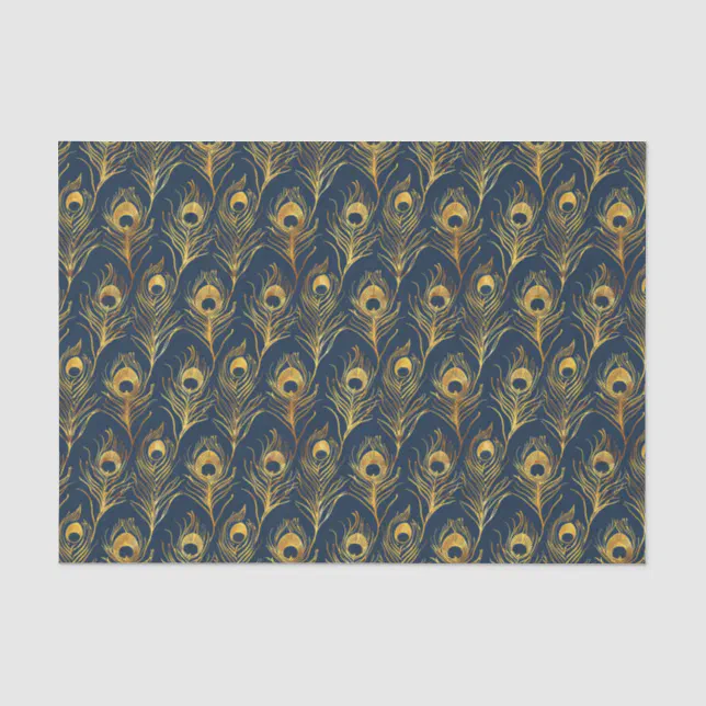 Gold Peacock Feathers on Blue Patterned Decoupage Tissue Paper | Zazzle