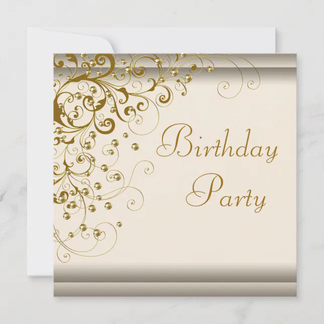 Gold Pearl Swirl Womans Ivory Gold Birthday Party Invitation | Zazzle