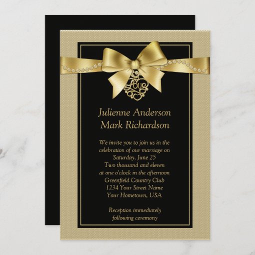 Gold Pearls and Ribbon on Black Wedding Invitation | Zazzle