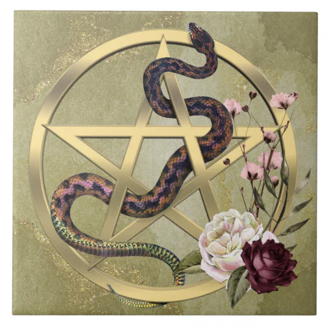 Gold Pentacle and Snake with Roses Pagan Altar Ceramic Tile | Zazzle