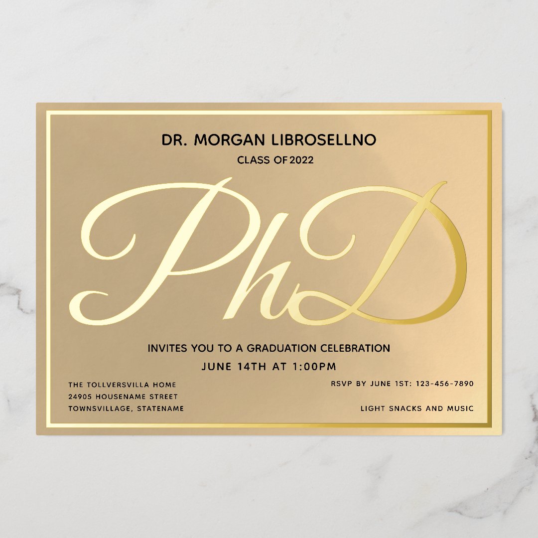 Gold PhD Graduation Foil Invitation | Zazzle
