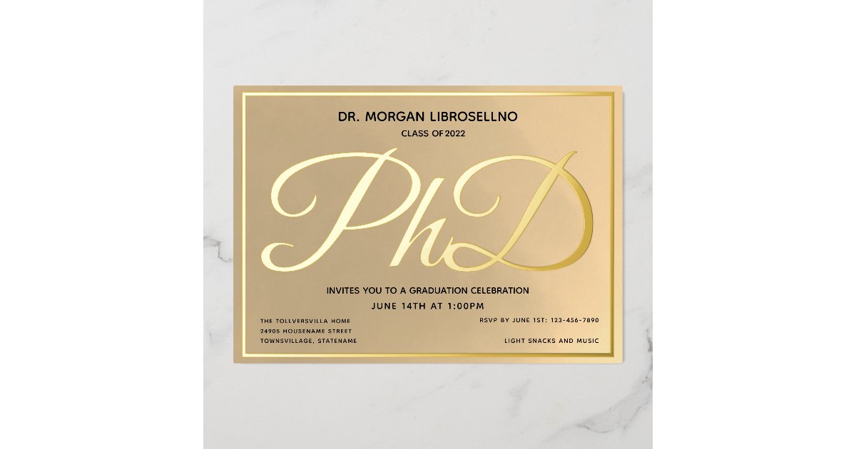 Gold PhD Graduation Foil Invitation | Zazzle