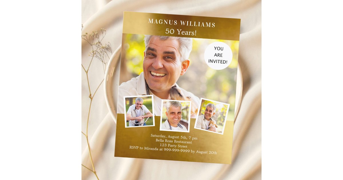 Gold photo collage birthday invitation | Zazzle