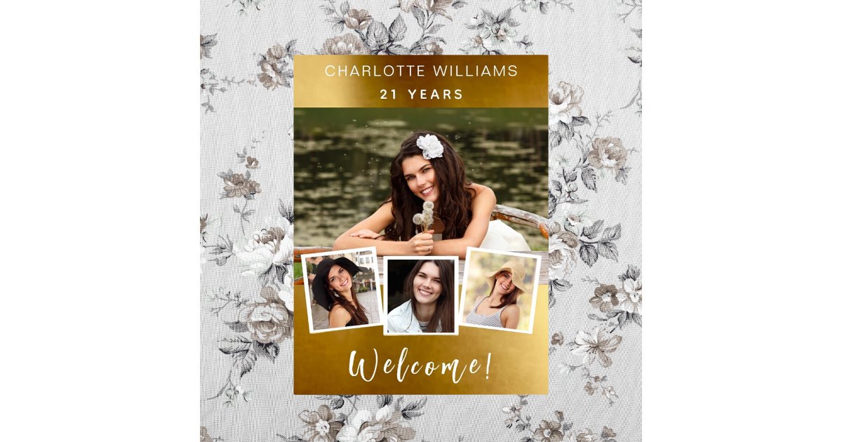 Gold photo collage birthday party welcome poster | Zazzle