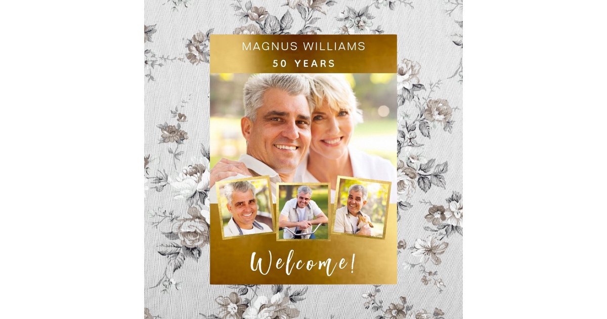 Gold photo collage birthday party welcome poster | Zazzle