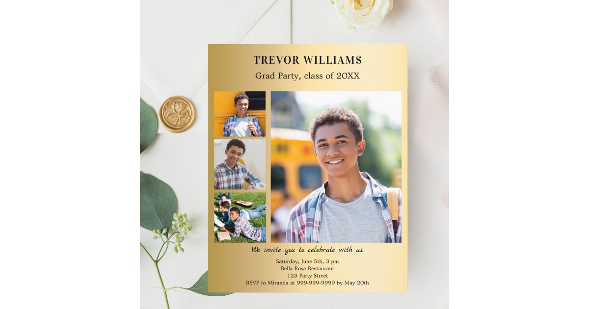Gold photo collage Graduation Party invitation | Zazzle