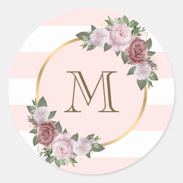 Gold Pink Blush Floral Monogram Initial Classic Round Sticker | Zazzle