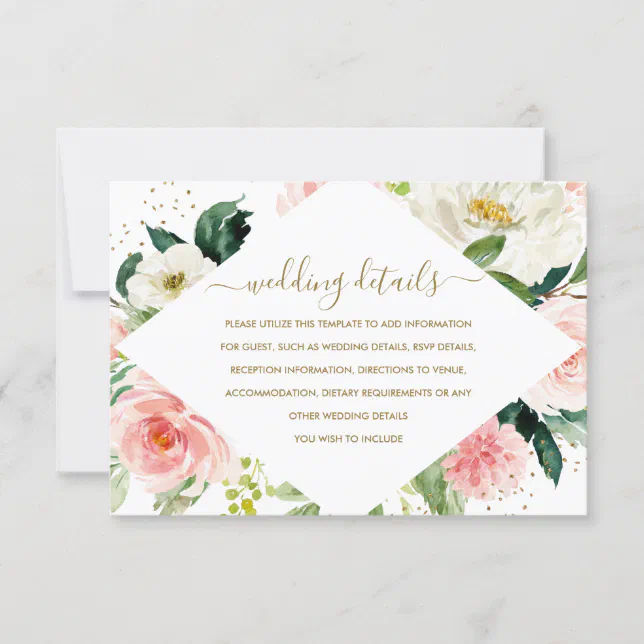 Gold Pink Blush Floral Wedding Details Card | Zazzle