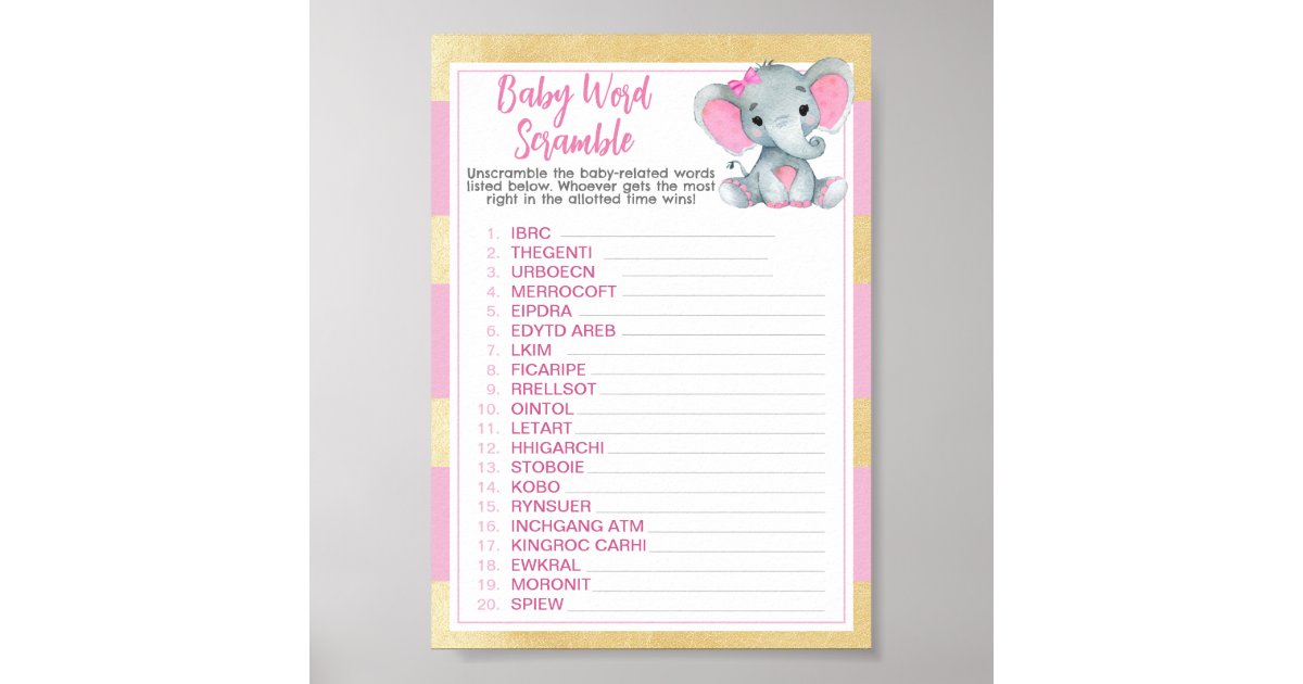 Gold Pink Elephant Baby Word Scramble Game Poster | Zazzle