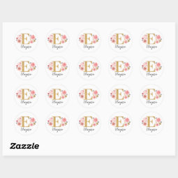 Gold Pink Floral Monogram Initial Letter E Classic Round Sticker | Zazzle