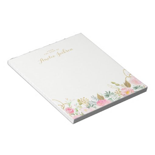 Gold Pink Floral Personalized Stationery Notepad | Zazzle