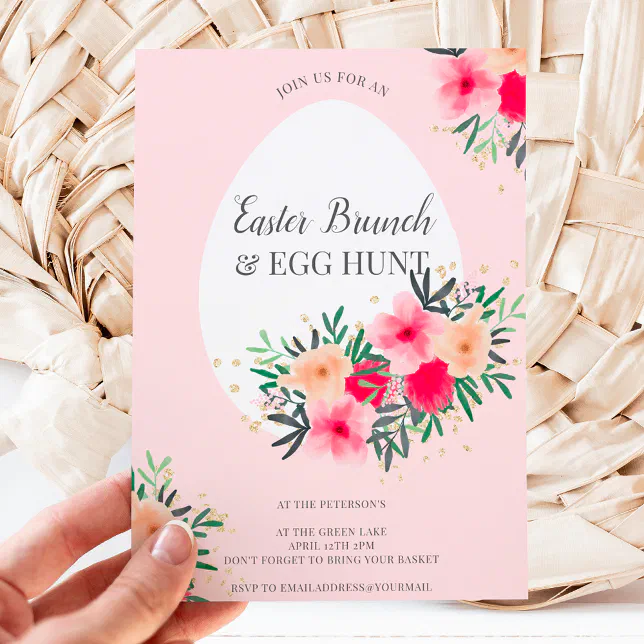 Gold Pink floral watercolor easter brunch egg hunt Invitation | Zazzle