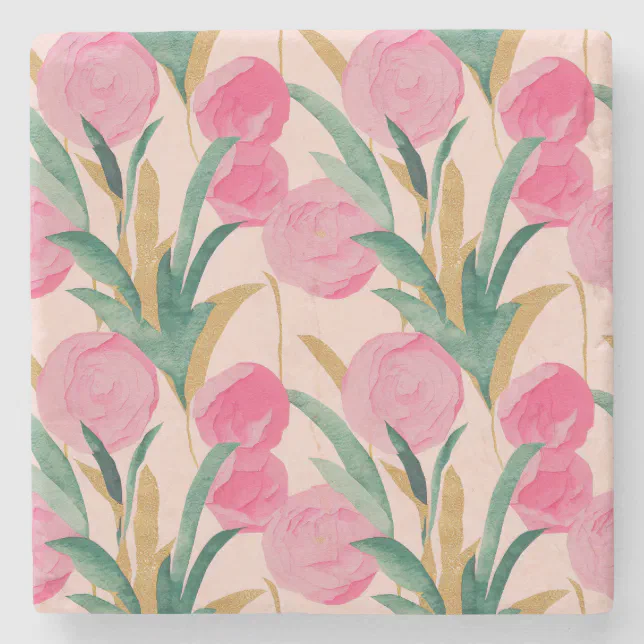 Gold Pink Flowers Stone Coaster | Zazzle