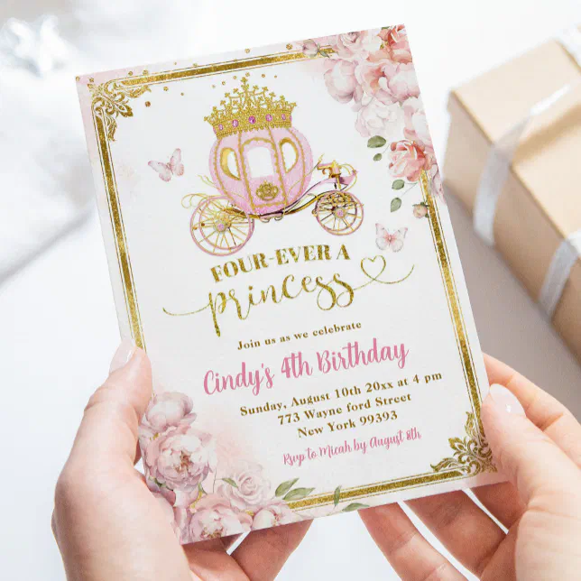 Gold Pink Fourever a Princess Carriage Birthday Invitation | Zazzle