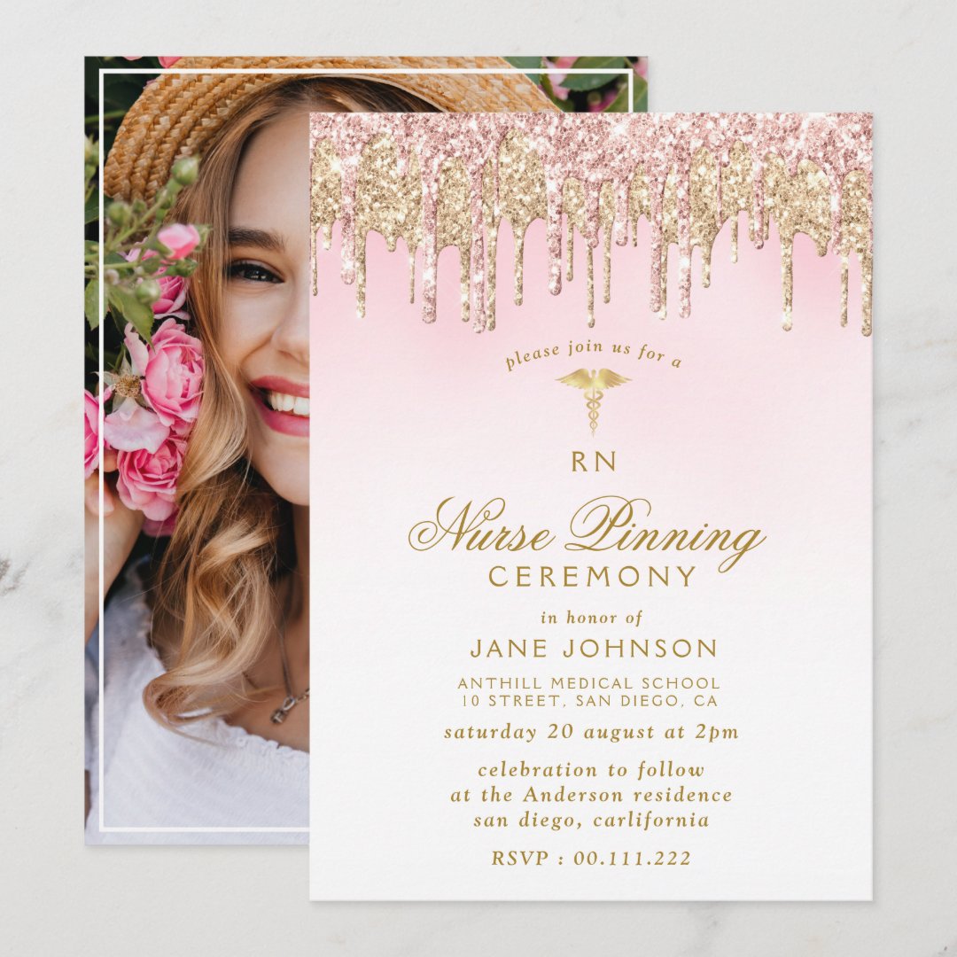 gold pink glitter Nurse pinning ceremony Invitation | Zazzle