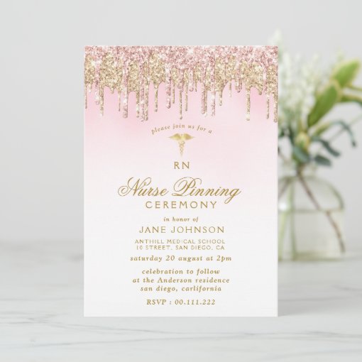 gold pink glitter Nurse pinning ceremony Invitation | Zazzle