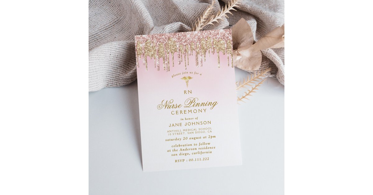 gold pink glitter Nurse pinning ceremony Invitation | Zazzle