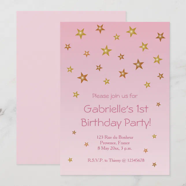 Gold Pink Little Stars Sweet Baby Kids Birthday Invitation | Zazzle